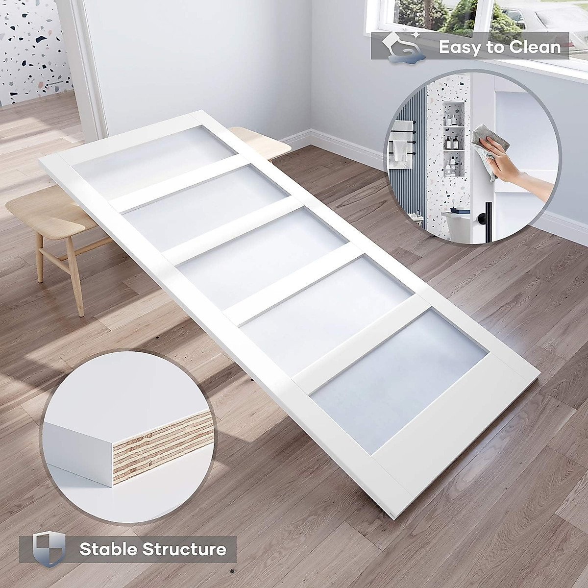 ROYMELO 48x84 Inch Glass Sliding Barn Door Slab and 8ft Hardware Kit Included, 5 Frosted Glass, LVL Wood Panel Covered with White Water-Proof Scratch-Proof PVC Surface, Simple DIY Assembly