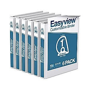 EasyView Premium 1-Inch Binders with Clear-View Covers, 3-Ring Binders for School, Office, or Home, Colored Binder Notebooks, Pack of 6, D Ring, White