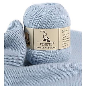 TEHETE 100% Merino Wool Yarn for Knitting 3-Ply Luxury Warm Soft Lightweight Crochet Yarn (Sky Blue)