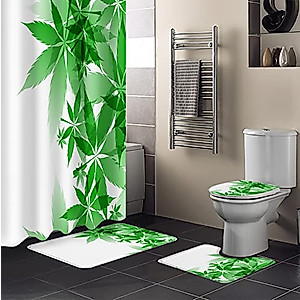 Marijuana Leaves 4 PCS Shower Curtain Sets, Waterproof Shower Curtains with Plastic Hooks, Anti-Skid Rugs, Toilet Lid Cover and Soft Bath Mat, for Bathroom Decor Set Simple Green Gradient Texture