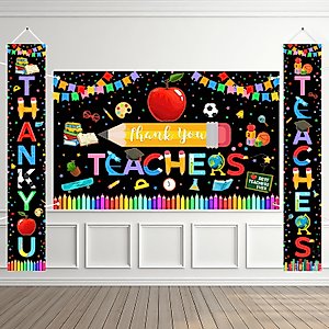Lecheme Thank You Teachers Decorations Teacher Appreciation Week Porch Signs Backdrop Teacher Appreciation Banner for School Classroom Decor (Black, 71x43'')