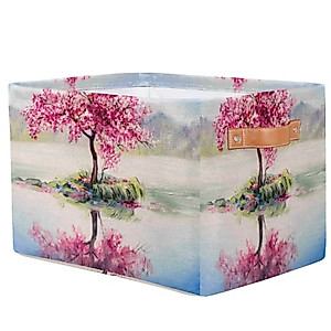 Oil Painting Of Cherry Trees Storage Basket, Collapsible Canvas Fabric Storage Toys Bin Shelves Decor Laundry Organizer with Leather Handles for Closet Shelf Nursery Bedroom 15x11x9.5 In