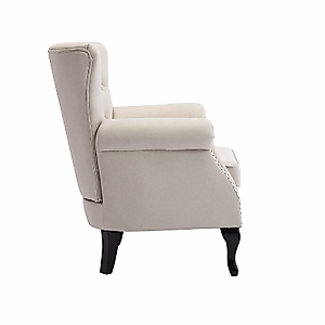 Kmax Fabric Club Chair Tufted Throne Chair Mid Century Accent Wingback Chair Padded Seating Wood Legs Home Club Bedroom Living Room, Beige