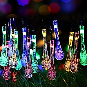 FlekmanArt Solar Water Drop Light - 23FT 30 LEDs Outdoor String Lights Christmas Multicolor Water String Lights Drop for Gardens Patio Yard Party Holiday Home Décor