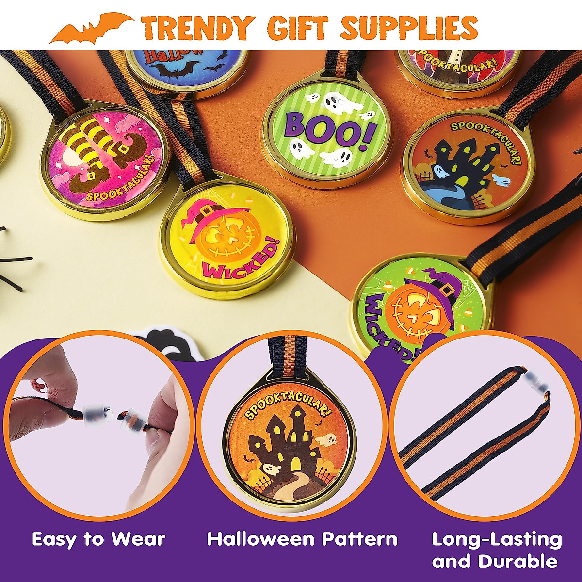 JOYIN 24 PCS Halloween Medal Trophies and Trophy Ribbons for Halloween Award Party Celebration and Spooky Contest Rewards, Halloween Party Favors for Kids, Carnival Game Prizes
