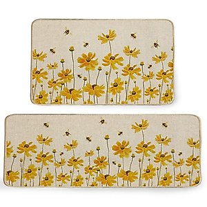 GEEORY Kitchen Mats for Floor Set of 2,Yellow Flowers Floor Mat Farmhouse Seasonal Holiday Decor for Home Kitchen - 17x29 and 17x47 Inch