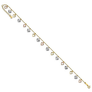 IceCarats 14K Tri Color Gold Heart Love 9 inch Anklet Summer Beach Foot Ankle Bracelet