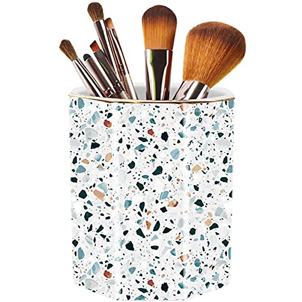 LEAZUL Pen Holder, Makeup Brush Holder Ceramic Shiny Gold Terrazzo Marble Stone Pattern Pencil Cup for Girls Kids Women Durable Stand Desk Organizer Storage Gift for Office, Classroom, Home Light Blue