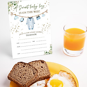 Whaline 25 Sets Boy Baby Clothes Baby Shower Party Invitations with Envelopes Stickers Blue Cute Party Invitation Paper Cards Fill-In Invites for Birthday Gender Reveal Party Supplies, 5 x 7 Inch