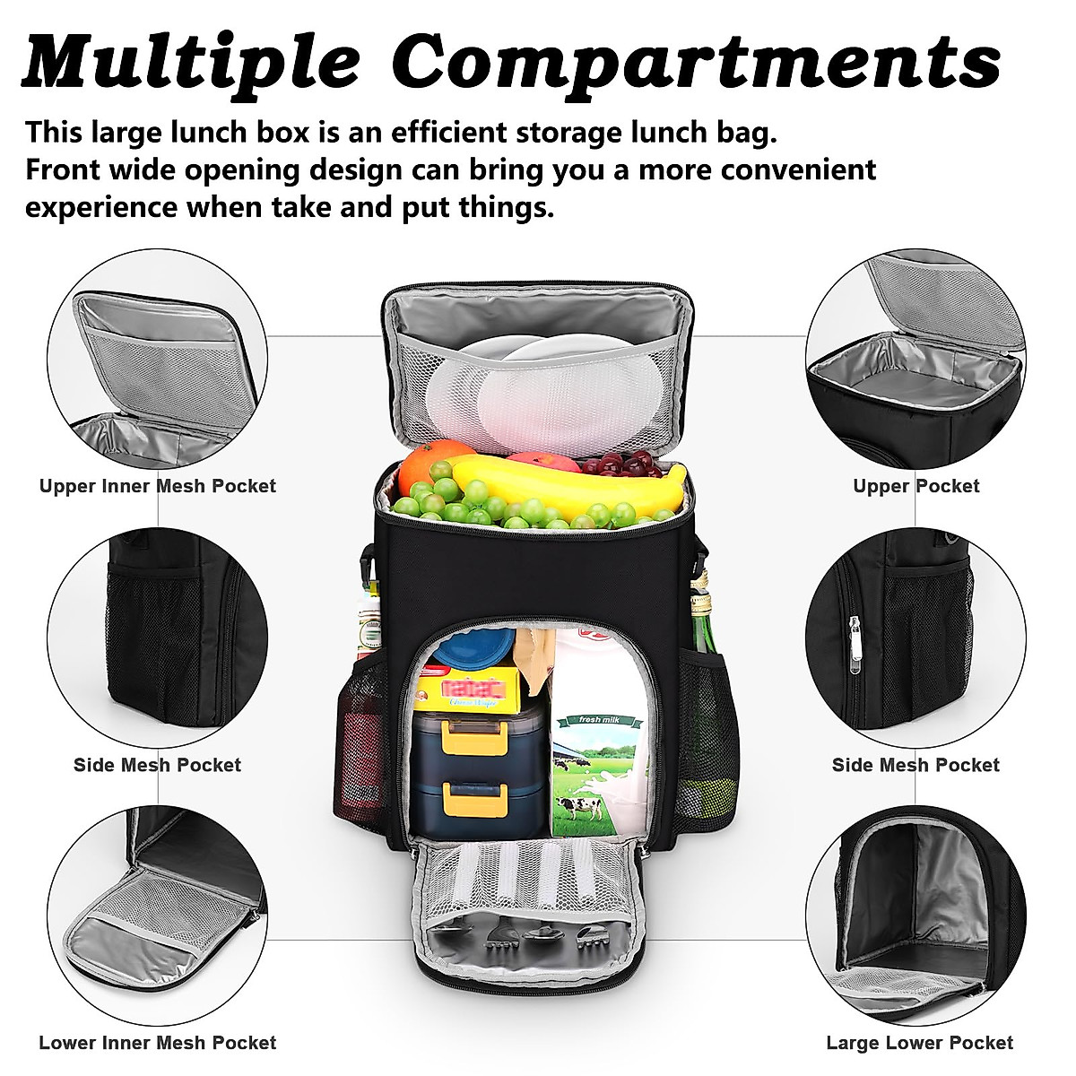 BALORAY Lunch Box for Men Women, Double Deck Insulated Lunch Bag for Adults with Adjustable Shoulder Strap, Reusable Lunch Cooler Bag Tote Bag for Work Office Outdoor Picnic Travel