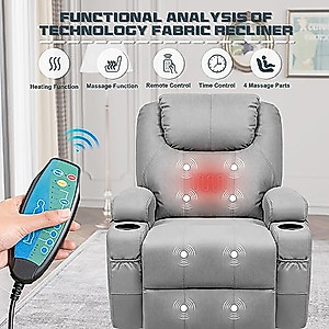 JUMMICO Power Lift Recliner Chair with Heat and Massage for Elderly Faux Leather Modern Reclining Sofa Chair with Cup Holders, Remote Control, Adjustable Furniture (Light Gray)