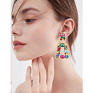 Canboer Colorful Rhinestone Rectangle Dangle Earrings Sparkly Geometric Drop Statement Earrings Hypoallergenic for Women Party Prom