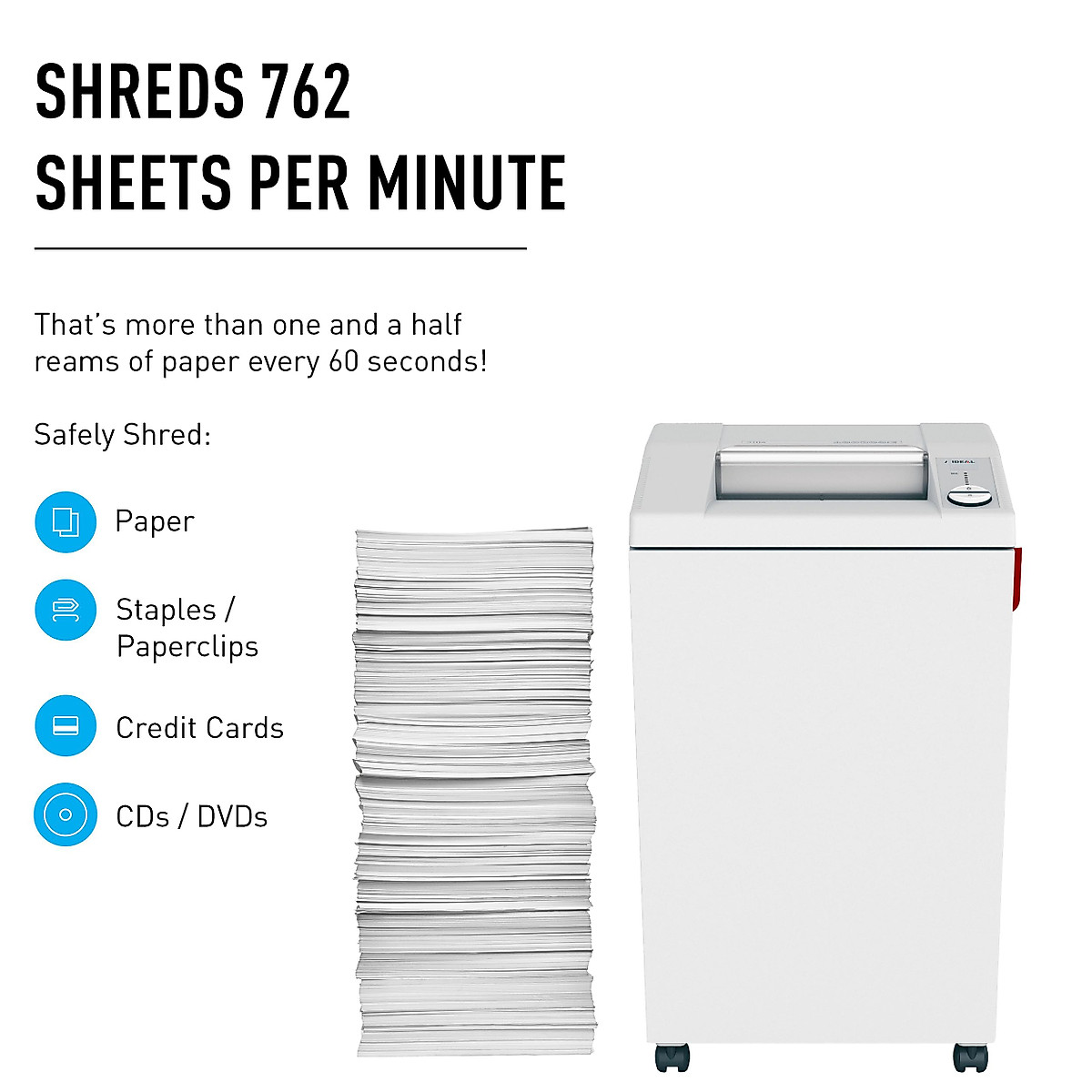 ideal. 3104 Strip-Cut Centralized Office Shredder,Continuous Operation, 27–30 Sheet Feed Capacity, 32 Gallon Bin, Shred Staples/Paper Clips/Credit Cards/CD/DVDs, 1 HP Motor, P-2 Security Level