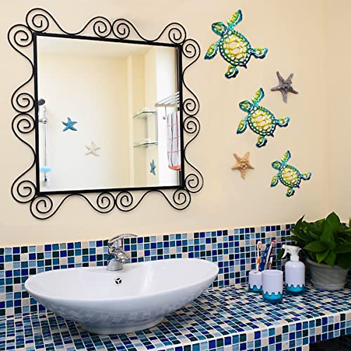 Daogtc Metal Sea Turtle Wall Art Decor,Set of 3 Beach Ocean Nautical Theme Hanging Decorations, Metal Art Decor for Patio Fence Living Room Pool Bathroom Garden