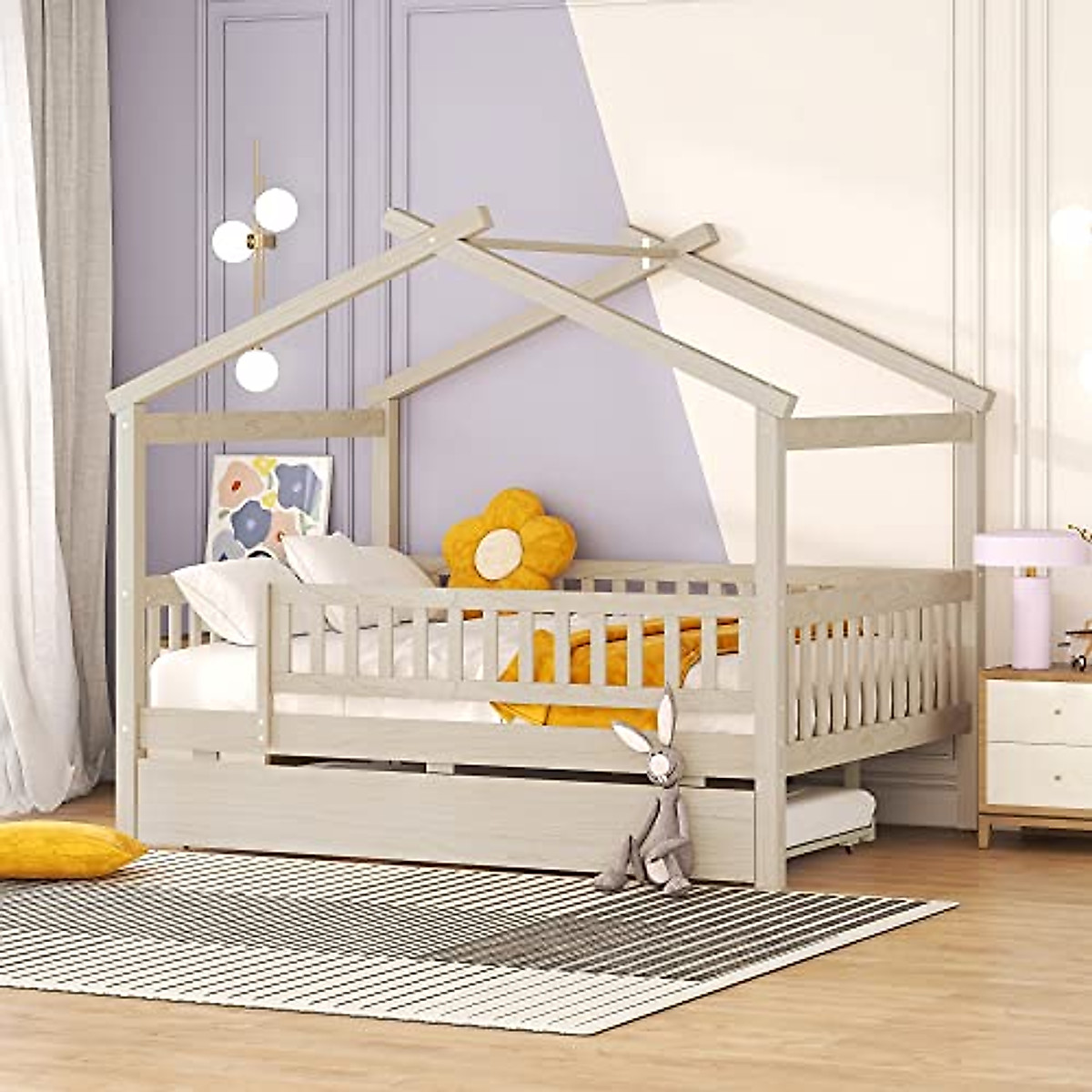 DEINPPA Full House Bed with Trundle, Kids Bed with Fence Guardrails, Wood Bed Frame, Decorative Roof Designs, No Box Spring Needed, for Boys Girls Toddler Kids-Natural