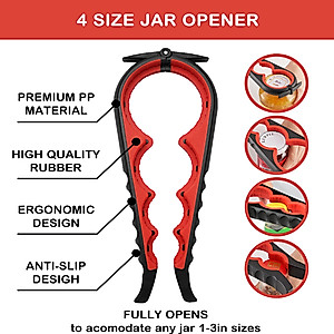 Jar Opener for Weak Hands, Easy Twist Jar Opener For Seniors with Arthritis, 5 in 1 Multi Function Bottle Opener Lid Opener For Arthritic Hands with Non Slip Rubber Jar Gripper Pad (Red)