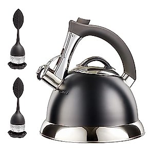 Whistling Tea Kettle with iCool - Handle, Surgical Stainless Steel Teapot for Stovetop, 2 FREE Infusers Included, 3 Quart by Pykal