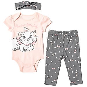 Disney The Aristocats Marie Newborn Baby Girls Bodysuit Pants and Headband 3 Piece Outfit Set Gray/Pink 0-3 Months