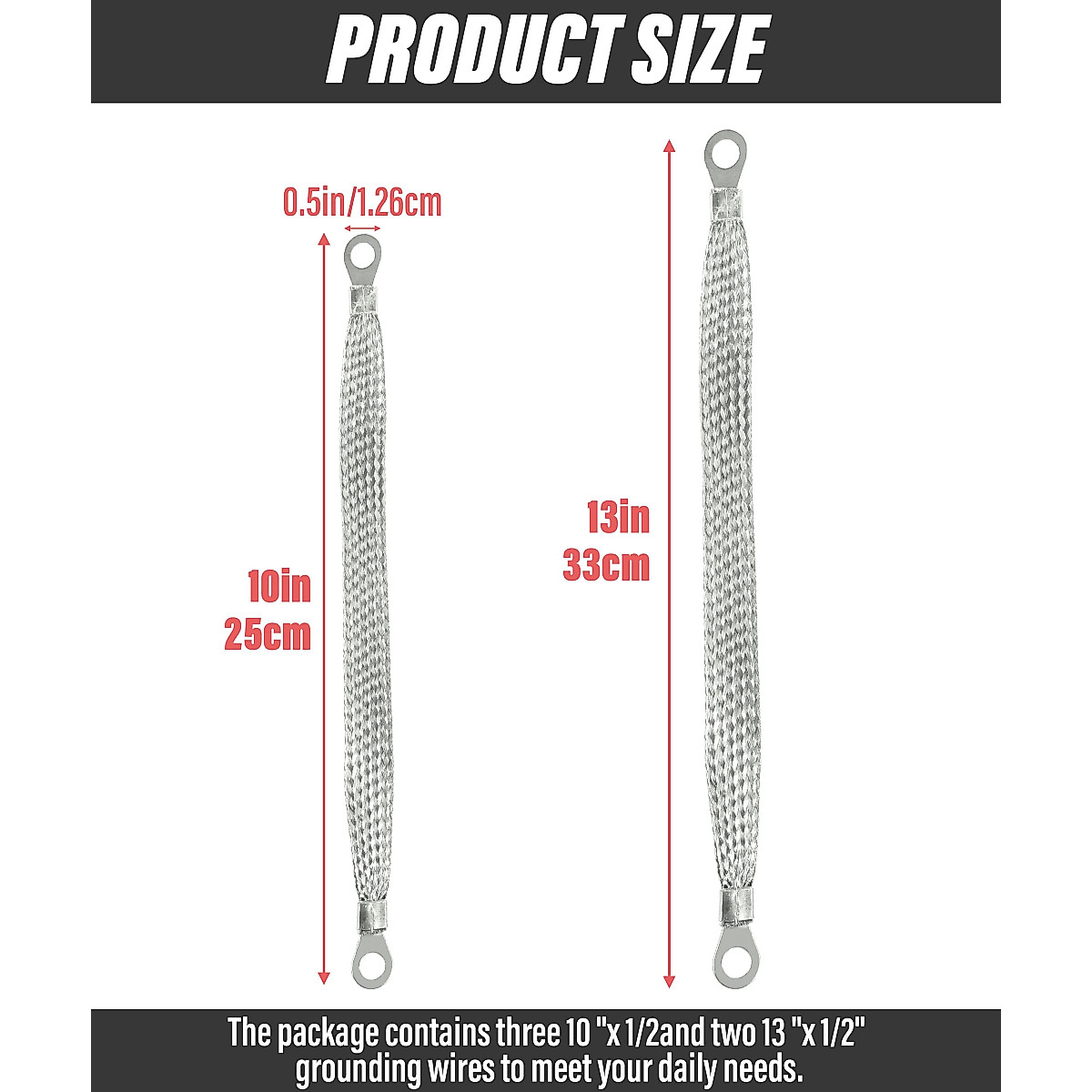 Zlirfy Automotive Ground Strap Kit,Universal Flat Braided Copper Ground Strap,3PCS 10" x 1/2" and 2PCS 13" x 1/2" Car Ground Cable Straps Braided,Automotive Engine Copper Ground Strap