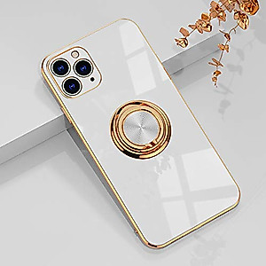 aowner Compatible with iPhone 11 Pro Max Ring Holder Case Shiny Plating Rose Gold Edge 360 Degree Rotation Kickstand for Women Girls Slim Soft Flexible TPU Protective Cover Case, 6.5 Inch