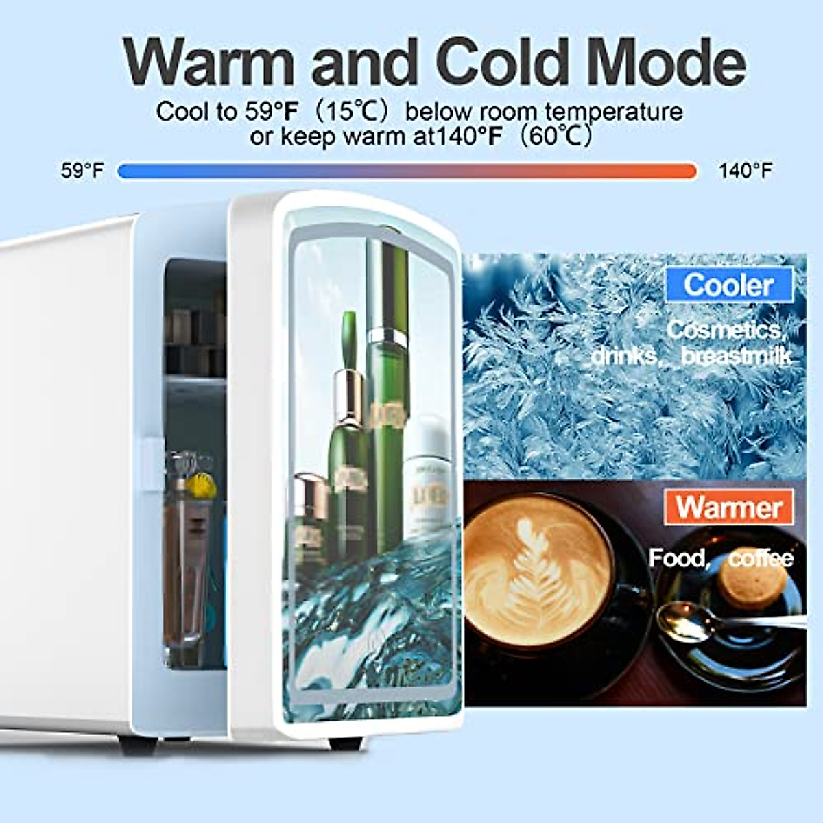 COYCYQI Mini Fridge for Skin Care, 4 Liter Portable Small Fridge with Mirror, Hot or Cold Personal Beauty Refrigerator for Bedroom, Office, Car, Makeup (White)