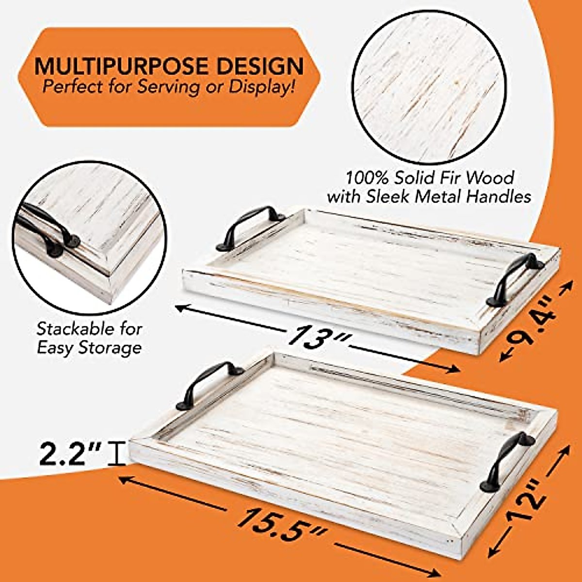 Gennua Kitchen Rustic Wooden Serving Tray Set with Metal Handles | 2 Nesting Decorative Trays for Coffee Table, Ottoman, Countertop & More with Distressed White Finish to Complement Any Decor