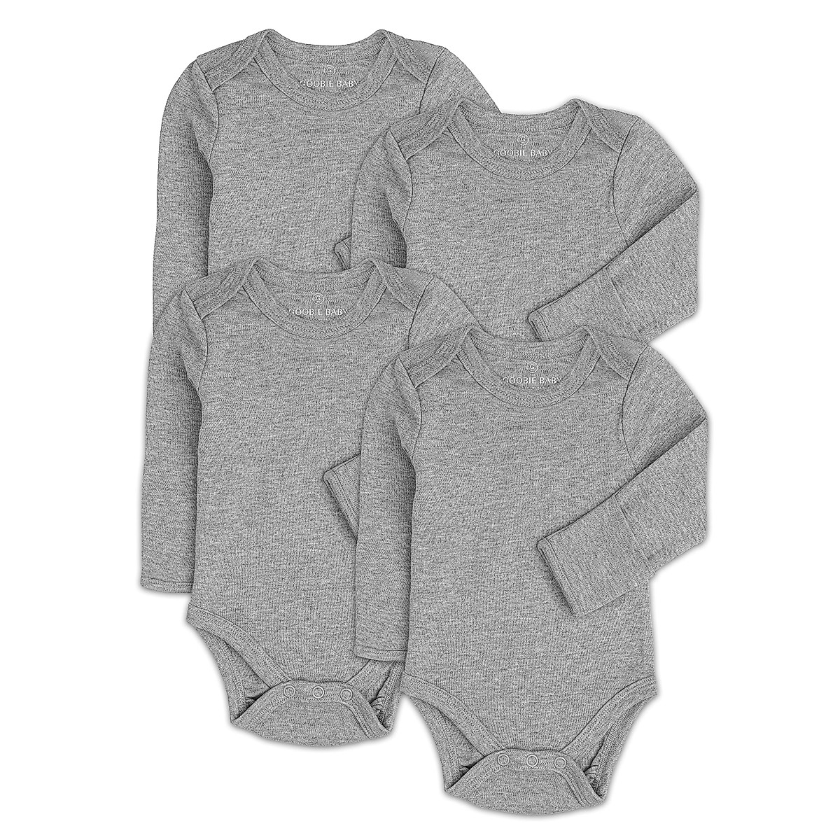 Goobie Baby Long Sleeve Classic Bodysuit Set with Fold-over Mitten Cuffs to Prevent Scratching, Soft 100% Cotton Onesie, Tagless Neck, 4 Pack (Gray, 3-6 Months)