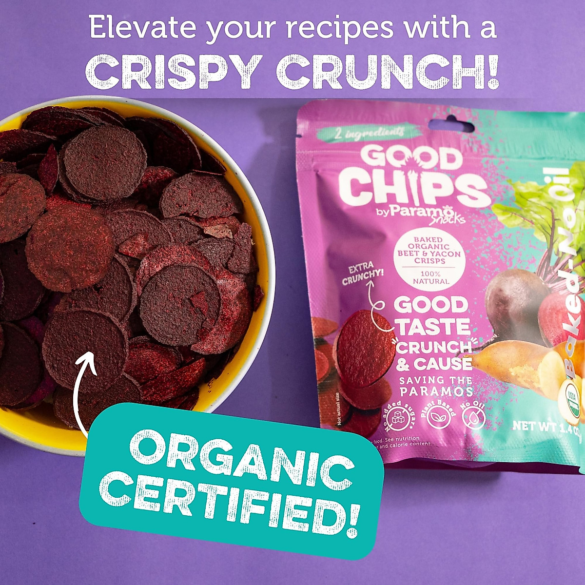 Good Chips Beet & Yacon - Crispy, Baked, No Oil, No Added Salt - Organic, High Fiber, Prebiotic Superfood - Healthy, Vegan Snack - 0.7 oz, Pack of 12