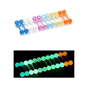 Oufksiyy 14G 16mm Glow in Dark Flexible Acrylic Straight Tongue Rings Plastic Nipple Ring Retainer Body Piercing Jewelry for Women Men 24PCS(12Pairs 14 gauge Piercings
