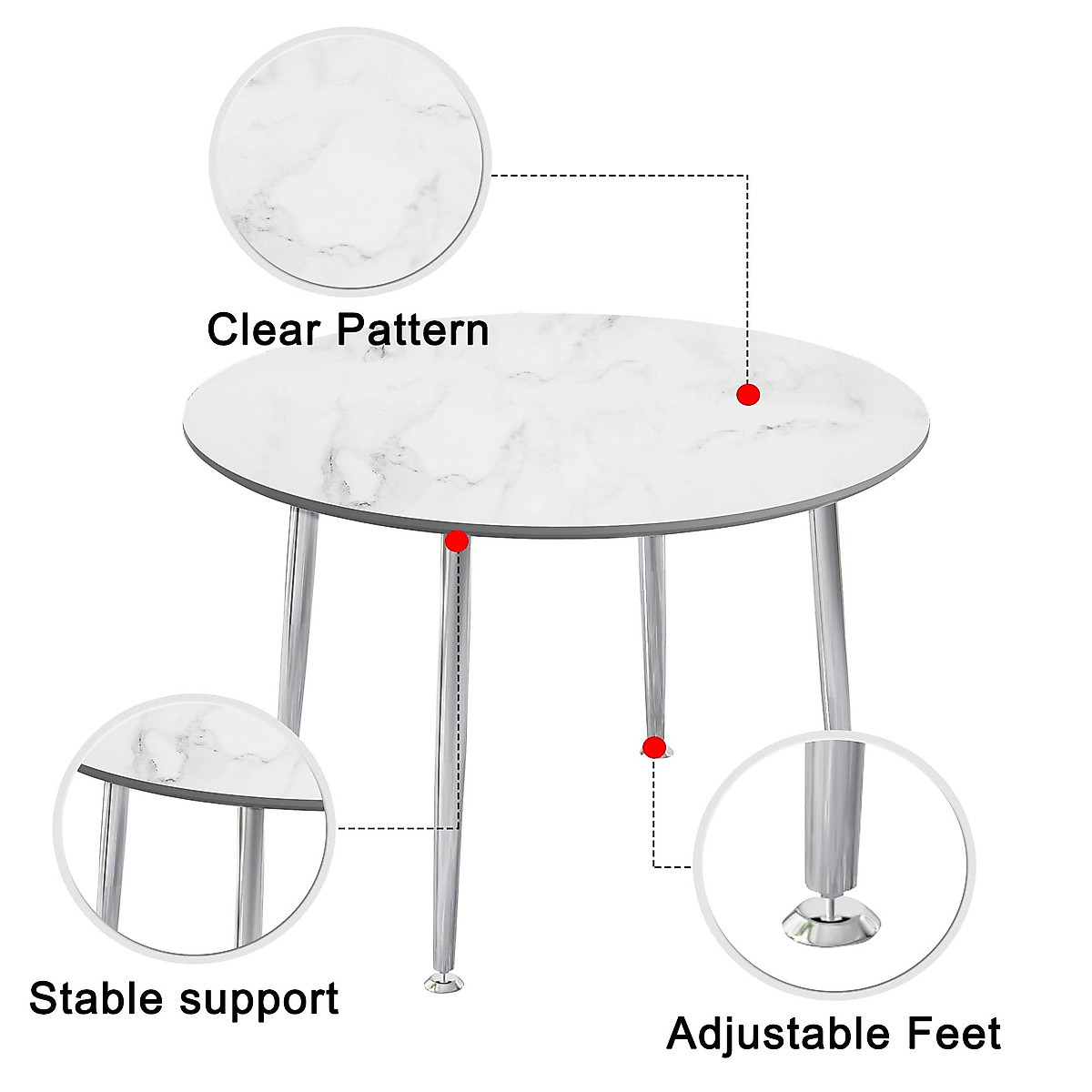 Pvillez 45" Round Dining Table, Faux Marble Kitchen Dining Room Table for 4, Modern Circle Dining Table with 0.3" White Marble Imitation Tabletop and Silver Metal Legs for Dining Room Kitchen
