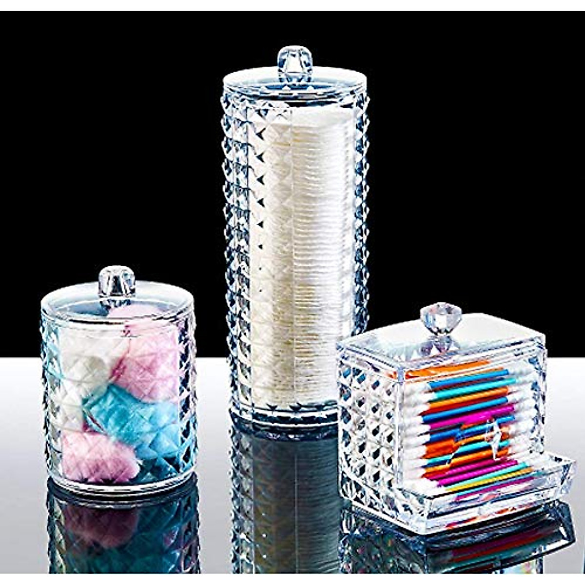 Bremen Home 3 Pack Bathroom Makeup Organizer Set, Diamond Design Acrylic Plastic Cotton Ball, Cotton Pad and Q Tip Holder-Vanity Organizer-Storage Containers