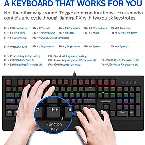 Philips Corded Mechanical Gaming Keyboard | RGB Ambiglow FX & Key Light Maps | Anti-Ghosting, N-Key Rollover | Clicky, Light-Touch Blue Switches (SPK8403)