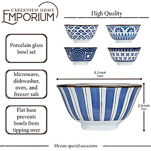 Creekview Home Emporium Ceramic Bowl Set - 5pc Blue and White 10oz Glass Small Serving Bowls for Eating or Decoration