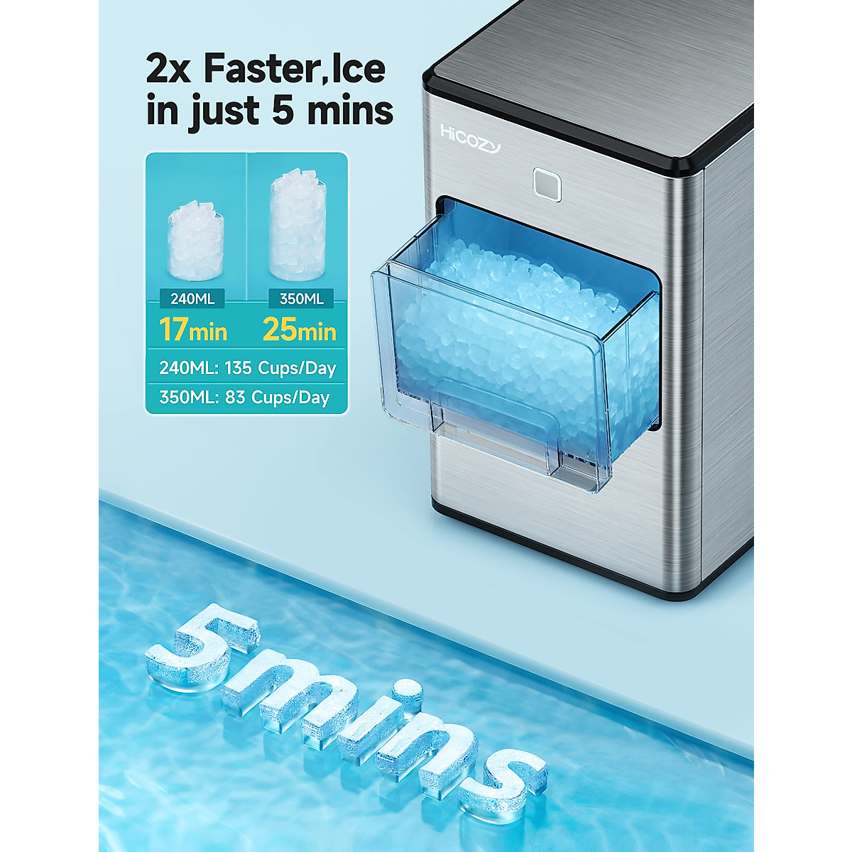 HiCOZY Nugget Ice Makers Countertop, Compact Crushed Ice Maker, Produce Ice in 5 Mins, 55LB Per Day, Self-Cleaning and Automatic Water Refill, Suitable for Home, Office (Black)