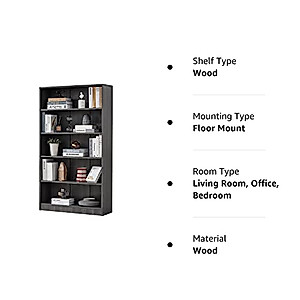 Farini Grey Bookshelf for Bedroom 5 Shelf Office Bookcase 60 Inches Tall Modern Wood Bookshelf for Living Room 5 Tier Wide Manga Bookshelf Library Bookcase