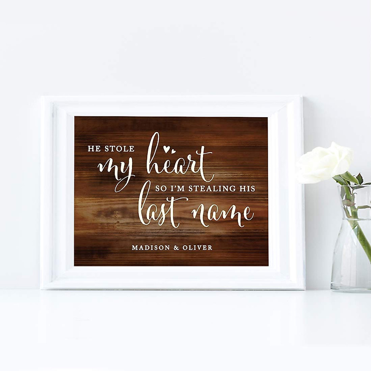 Andaz Press Personalized Wedding Party Signs, Rustic Wood Print, 8.5-inch x 11-inch, He Stole My Heart, So I'm Stealing His Last Name, 1-Pack
