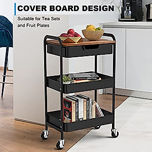 Aratan Utility Rolling Cart with Table Top, 3 Tier Metal Storage Cart with Drawer, Kitchen Organizer Cart with Handle and Locking Wheels for Bathroom Office Balcony Living Room (Black)