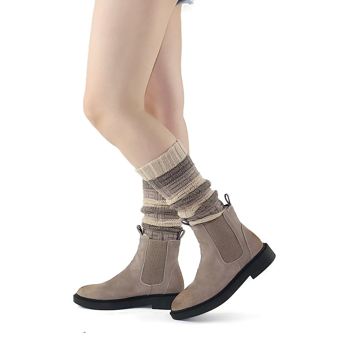 GLENMEARL 3 Pack Women's Fall Winter Warm Colorful Striped Multicolor Knit Leg Warmers Long Socks Stockings (Blue Beige Black)