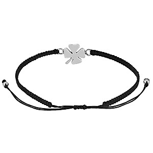 AeraVida Casual Four-Leaf Clover .925 Sterling Silver Charm on Black Adjustable Bracelet | Beach Anklet Bracelet | Good Luck Charm