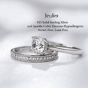 Jeulia Bridal Set for Women 2.5 Carat Engraved Round Cut Sterling Silver Solitaire Engagement Rings CZ Wedding Band Cubic Zirconia Promise Anniversary Rings with Jewelry Gift Box (O)