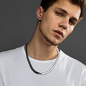 Men's Pearl Necklace Women Half Pearl Half Metal Link Chain Black Cuban Chain Pearls Stands Choker 17"