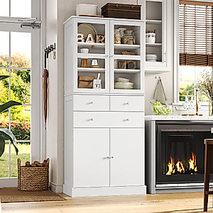 HOSTACK 71" Tall Kitchen Pantry Storage Cabinet, Freestanding Bar Cabinet with Glass Doors and Shelves, Hutch Cabinet with 2 Drawers, Cupboard for Living Room, Dining Room, White