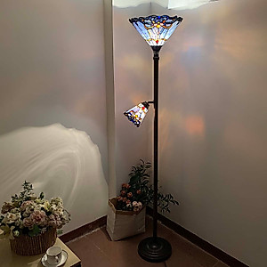 Bieye L10686 Baroque Tiffany Style Stained Glass Torchiere Floor Lamp with Sidelight for Reading Home Decor, 71-inch Tall
