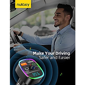 Nulaxy Bluetooth FM Transmitter for Car,Bluetooth Car Adapter with Dual USB Charging Car Charger MP3 Player Support TF Card & USB Disk,Hands Free Calling,7 Colors Led Backlit Light