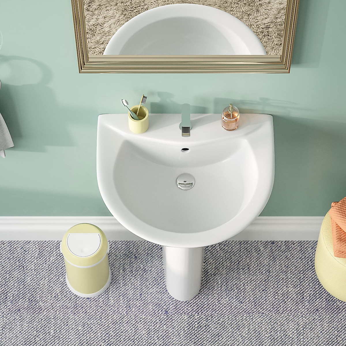 DeerValley DV-1P523 Compact White Ceramic Pedestal Sink, 20" X 17" Inch Pedestal Bathroom Sink With Overflow and Pre-Drilled Single Hole