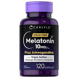 Melatonin 10mg | 120 Capsules | with Ashwagandha | Triple Strength Formula | Non-GMO, Gluten Free Supplement | by Carlyle