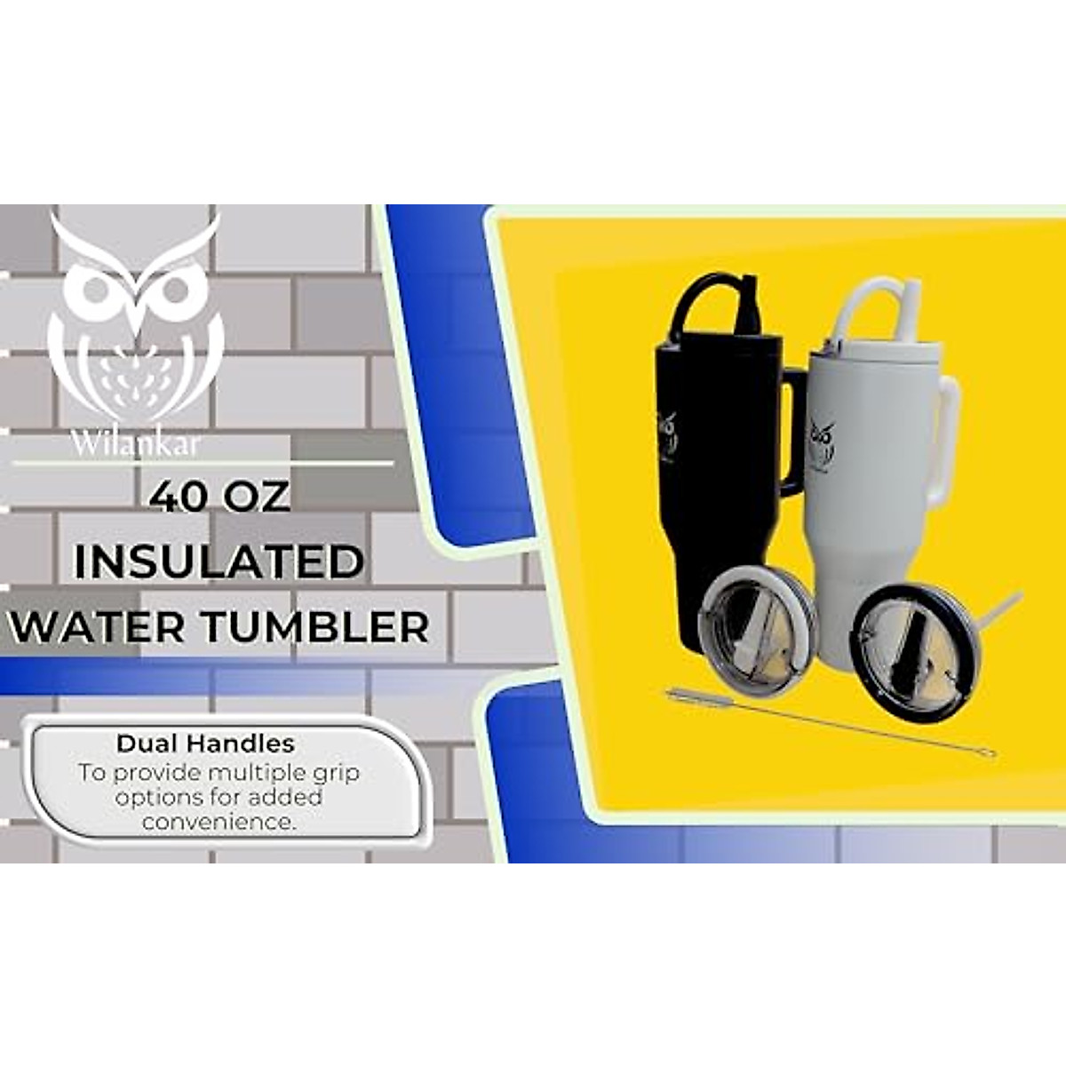 WILANKAR Tumbler 40oz Water Bottle with Lid, Handle & Flip Straw – Leakproof, Cup Holder-Friendly Travel Cup, Insulated Stainless Steel, Dishwasher-Safe, BPA-Free (Black)