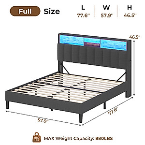 Tiptiper Full Size Bed Frame with LED Lights Headboard, Button Tufted Bed Frame Full with Outlets & USB Ports, Upholstered Bed with Storage, Dark Grey