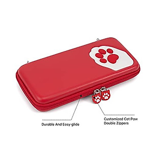 Geekshare Cute Cat Paw Case Compatible with Nintendo Switch/Switch OLED - Portable Hardshell Slim Travel Carrying Case fit Switch Console & Game Accessories - A Removable Wrist Strap (Red)