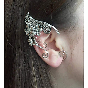 Elven Ear Cuffs for Women, Handmade Elf Fairy Earrings Cuff Wrap Clip-on Filigree Earrings for Fantasy Fairy Halloween Costume, Cosplay, Wedding, Handcraft (Silver)